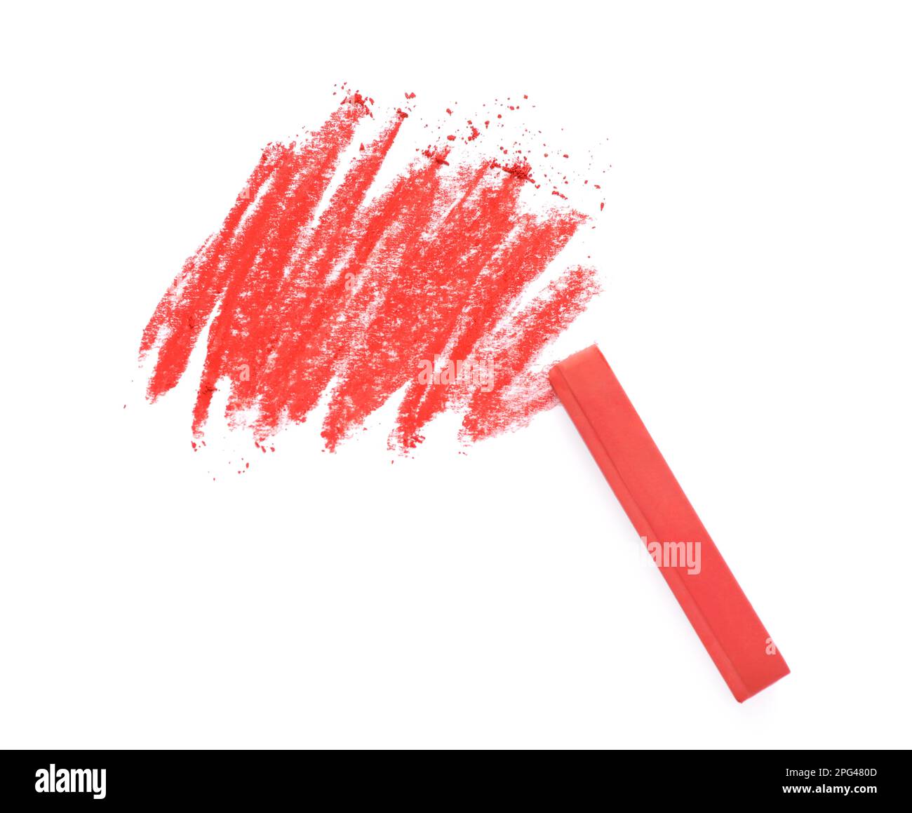 Red pastel chalk on sheet of paper with scribble, top view. Drawing ...