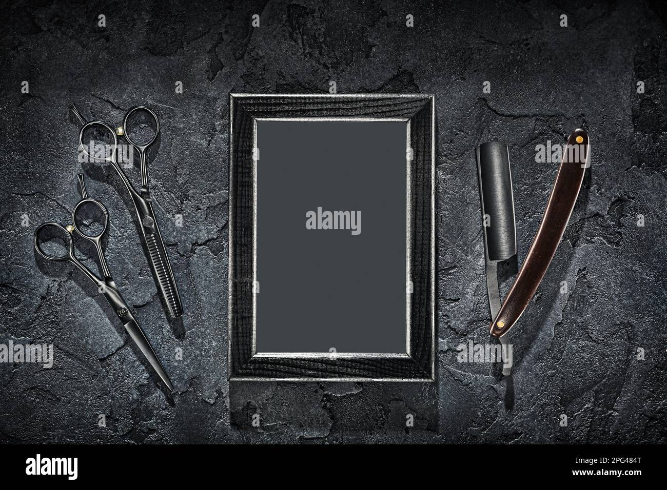 Barber Shop Concept Scissors Stright Razor And Epmty Frame Freespace ...