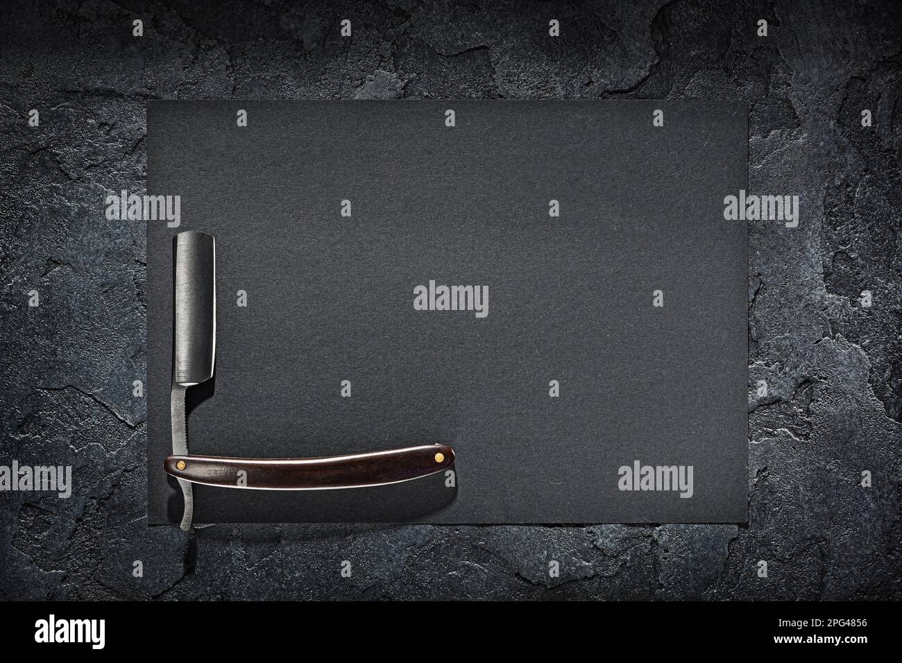 Black Mock Up Barber Stright Razor On Black Blank Paper Sheet Stock ...