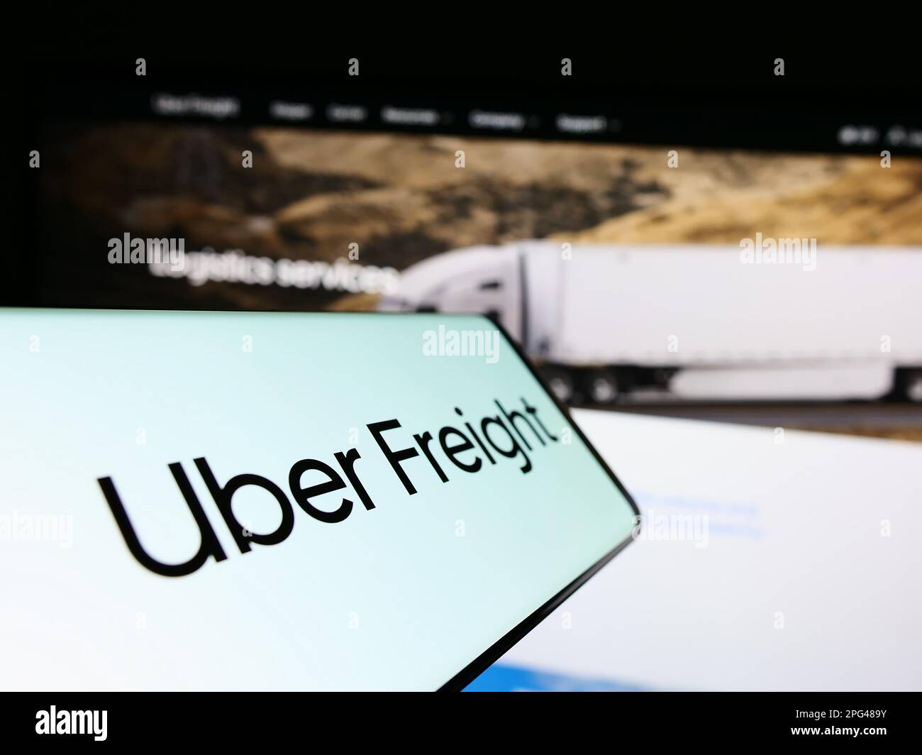 Mobile phone with logo of American logistics company Uber Freight on ...