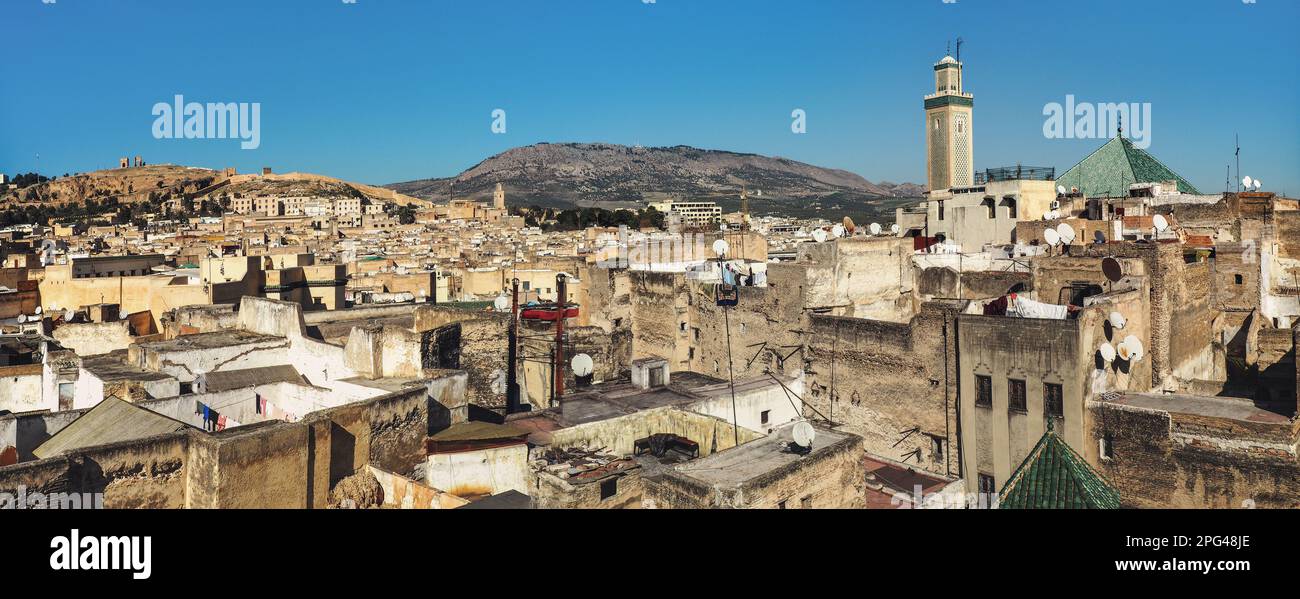 City of Fes panorama, building roofs visible with Chrabliyine Mosque ...