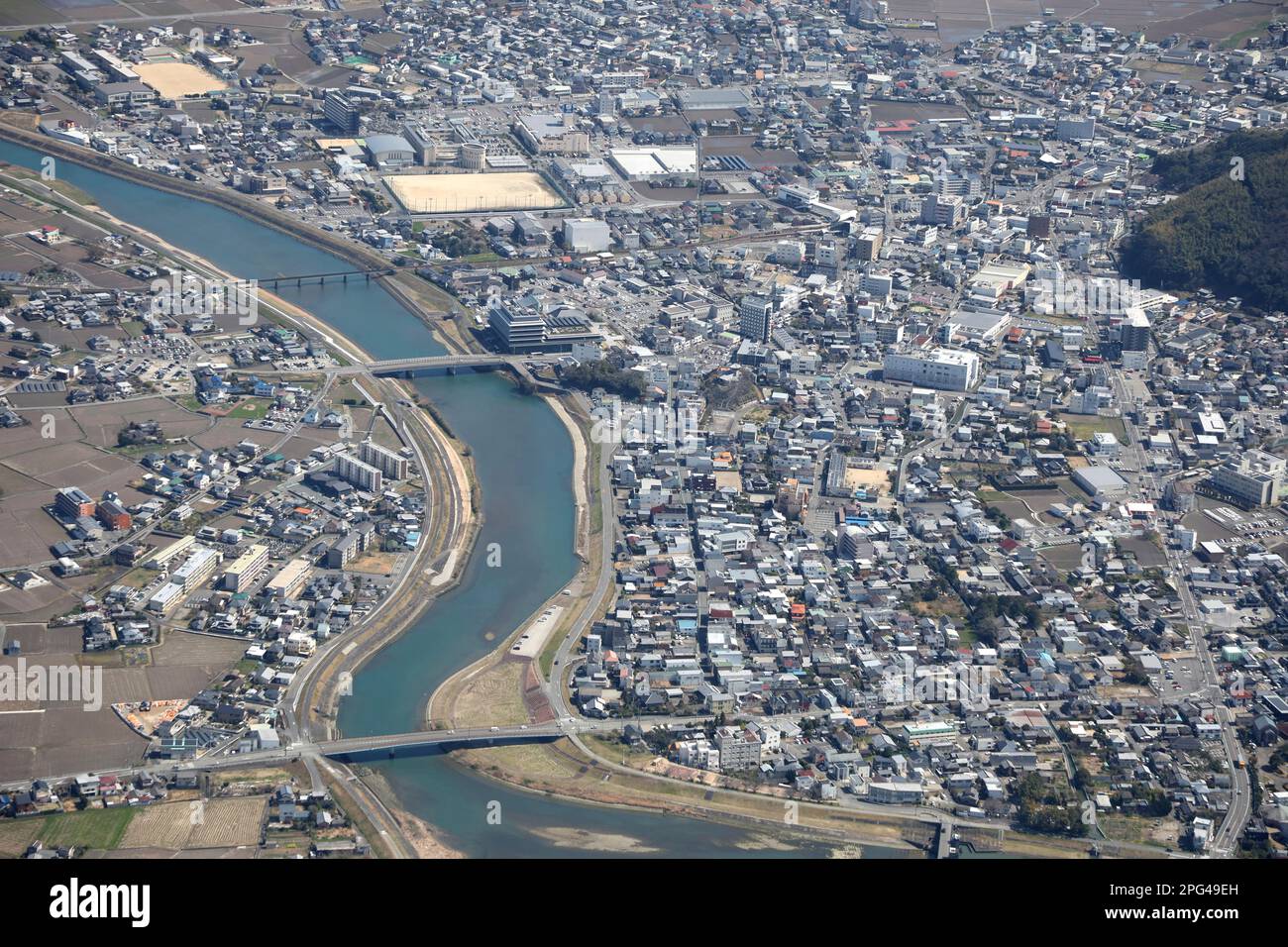 An aerial photo shows Anan city in Tokushima Prefecture where it is ...