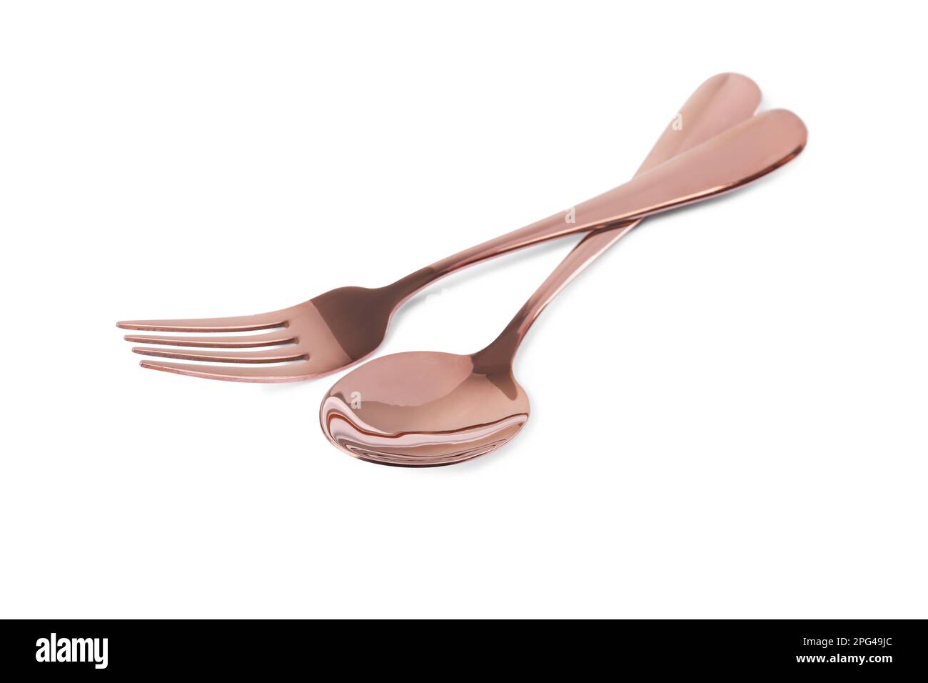 New shiny fork and spoon on white background Stock Photo - Alamy