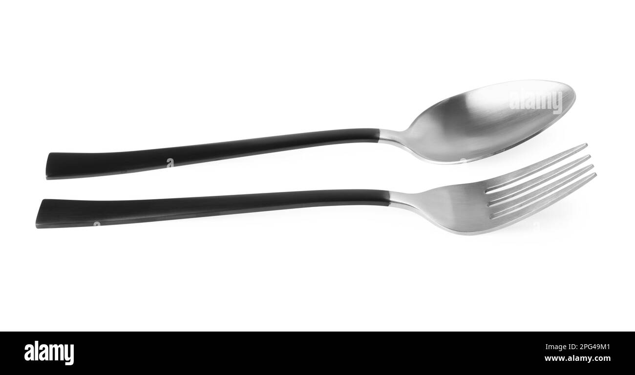 New fork and spoon with black handles on white background Stock Photo ...