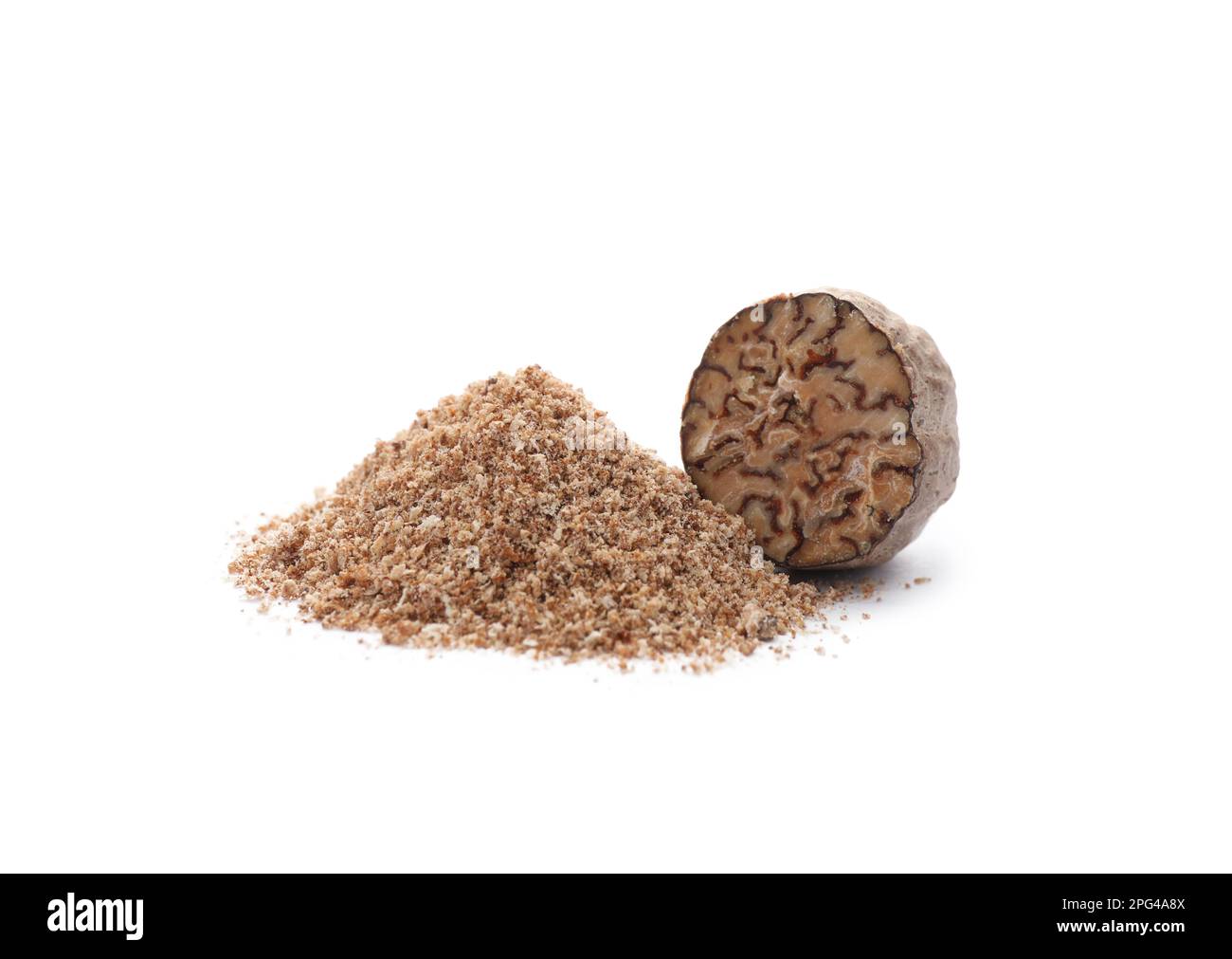 Nutmeg powder and half of seed on white background Stock Photo - Alamy