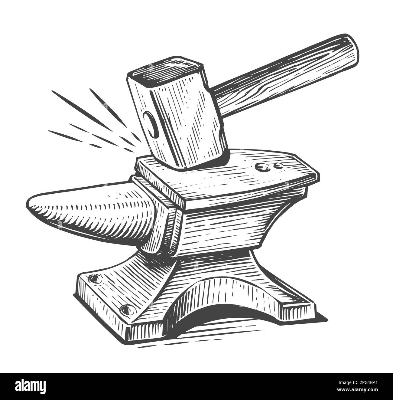 Hammer strikes the anvil. Blacksmith craft, forge, metal workshop concept. Vintage sketch vector ...