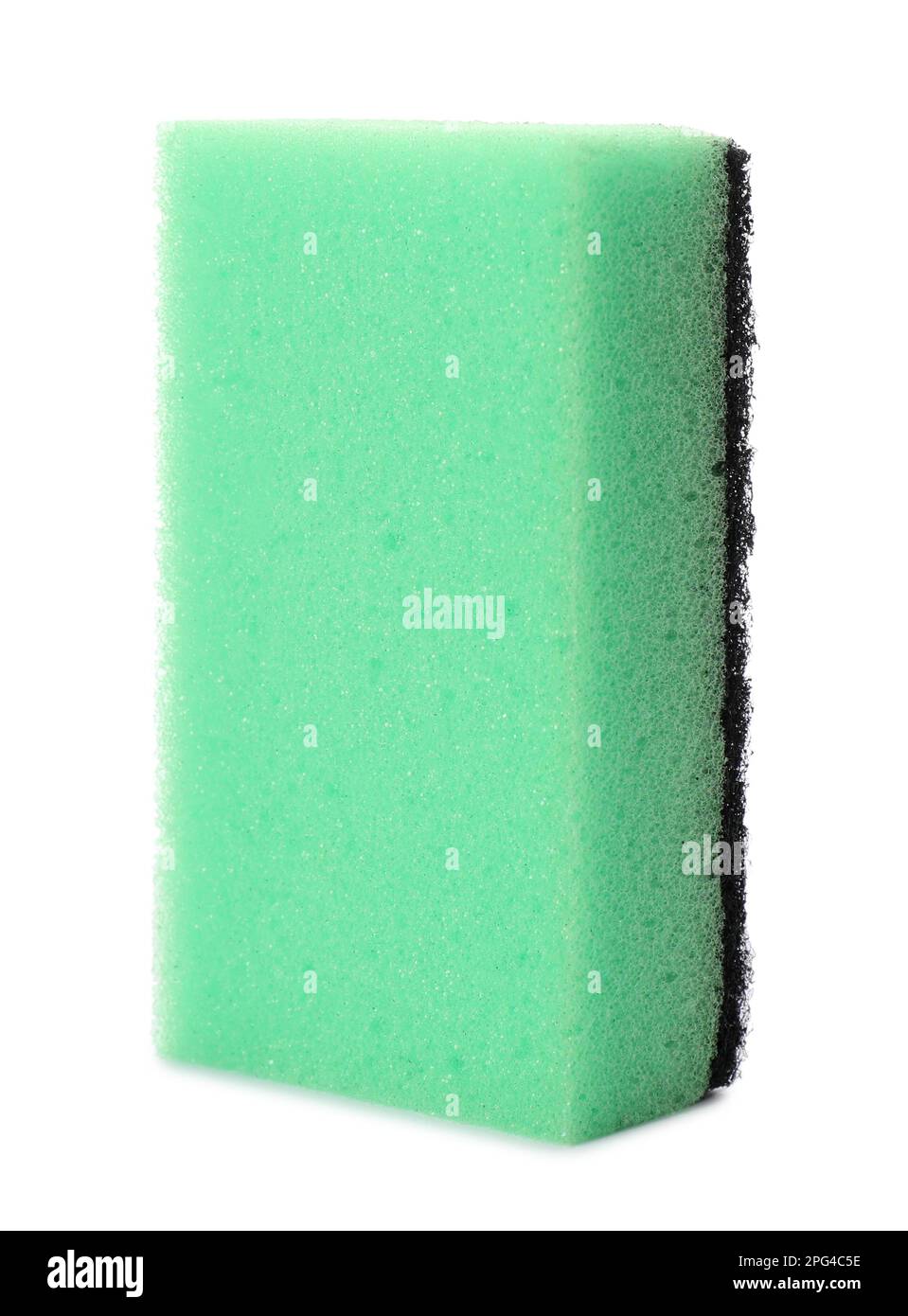 Green cleaning sponge with abrasive black scourer isolated on white ...
