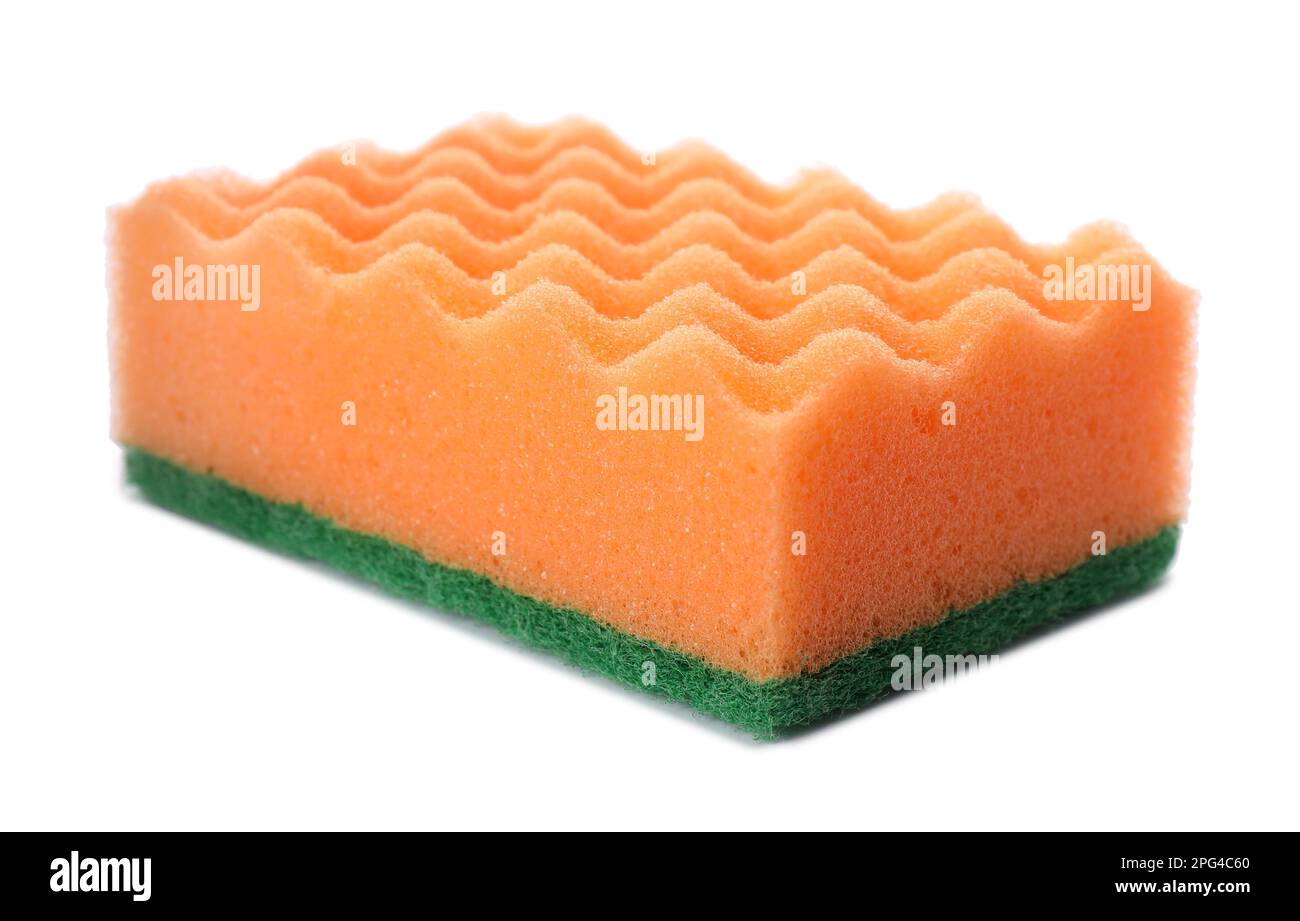 Orange cleaning sponge with abrasive green scourer isolated on white ...