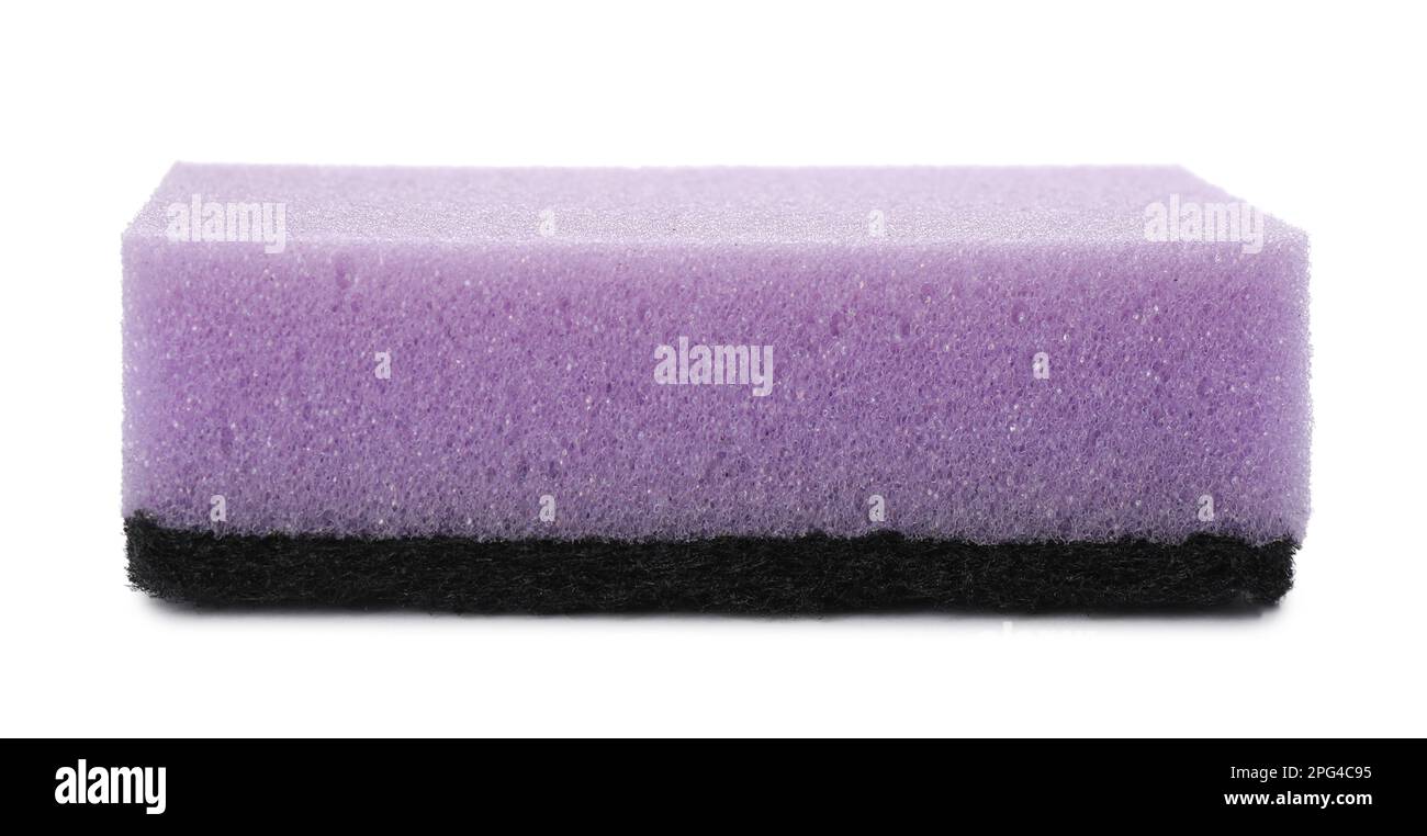 Purple cleaning sponge with abrasive black scourer isolated on white ...