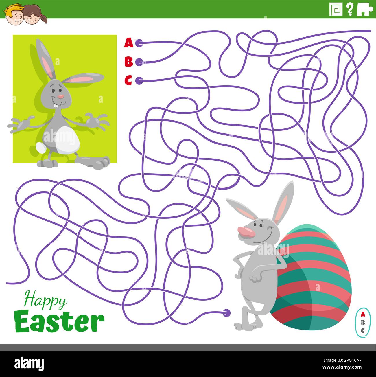 Cartoon illustration of paths maze puzzle game with Easter Bunny ...