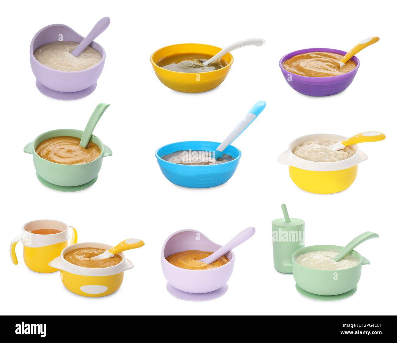 Set with healthy baby food in different dishes on white background ...