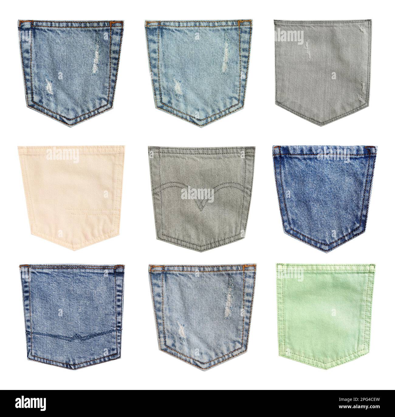 Set with denim pockets on white background background Stock Photo - Alamy