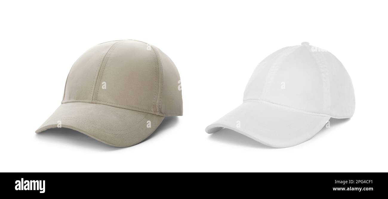 Different baseball caps on white background, collage. Mock up for ...