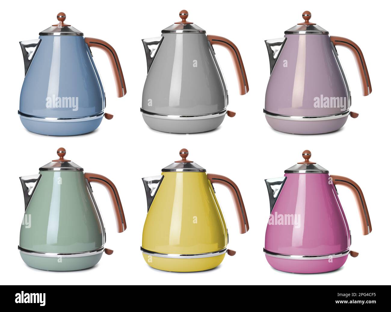 Set with stylish electrical kettles on white background Stock Photo - Alamy