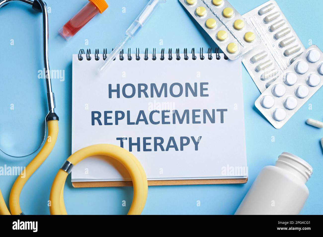 Notebook with text Hormone Replacement Therapy and medications on light ...