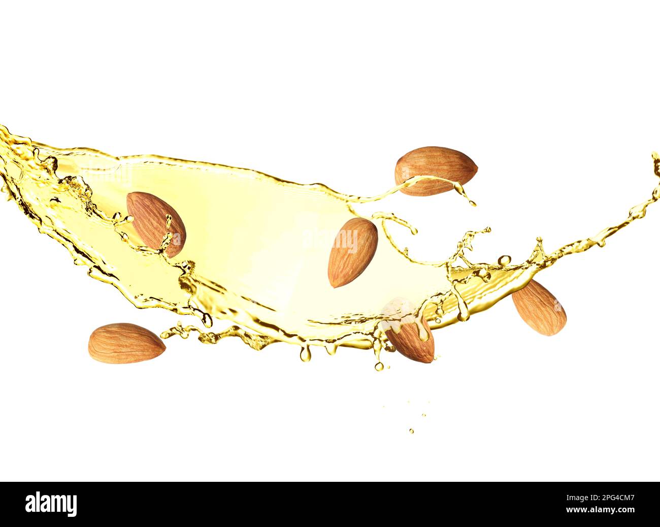 Organic almond oil and tasty nuts flying on white background Stock ...