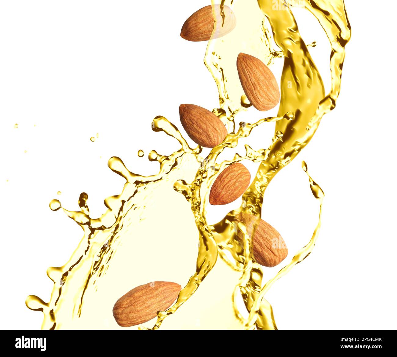 Organic almond oil and tasty nuts flying on white background Stock ...