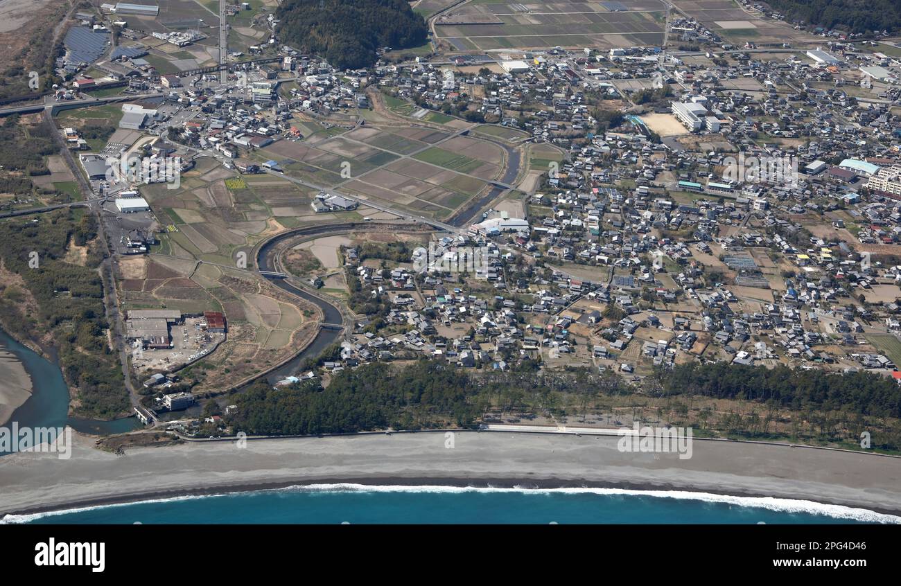An aerial photo shows Kaiocho town in Tokushima Prefecture where it is ...