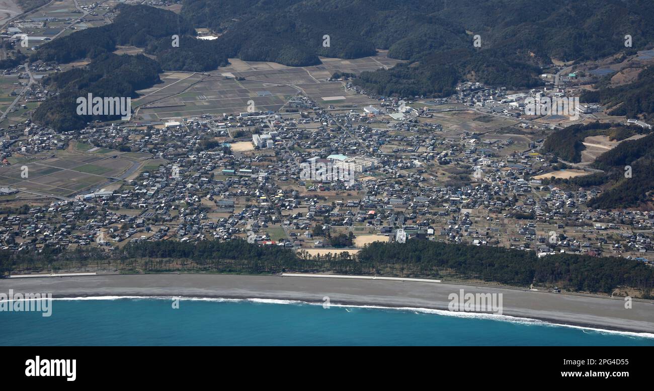 An aerial photo shows Kaiocho town in Tokushima Prefecture where it is ...