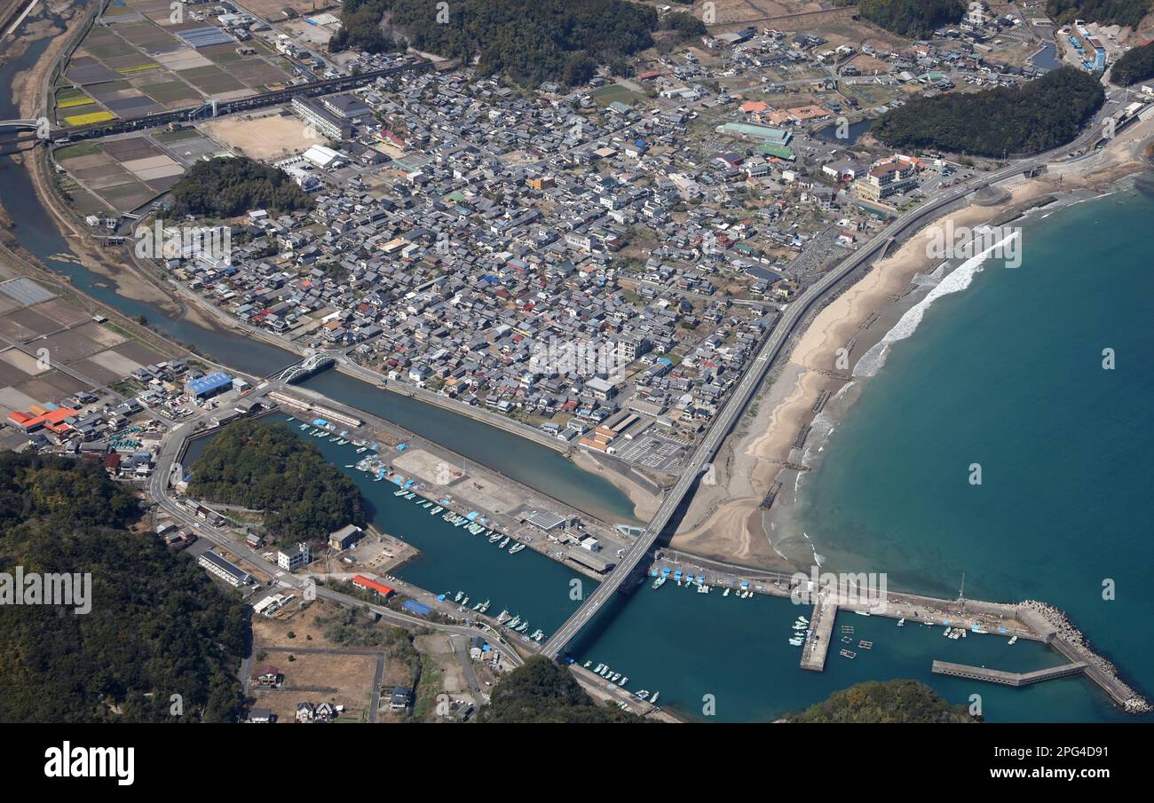 An aerial photo shows Kaiocho town in Tokushima Prefecture where it is ...