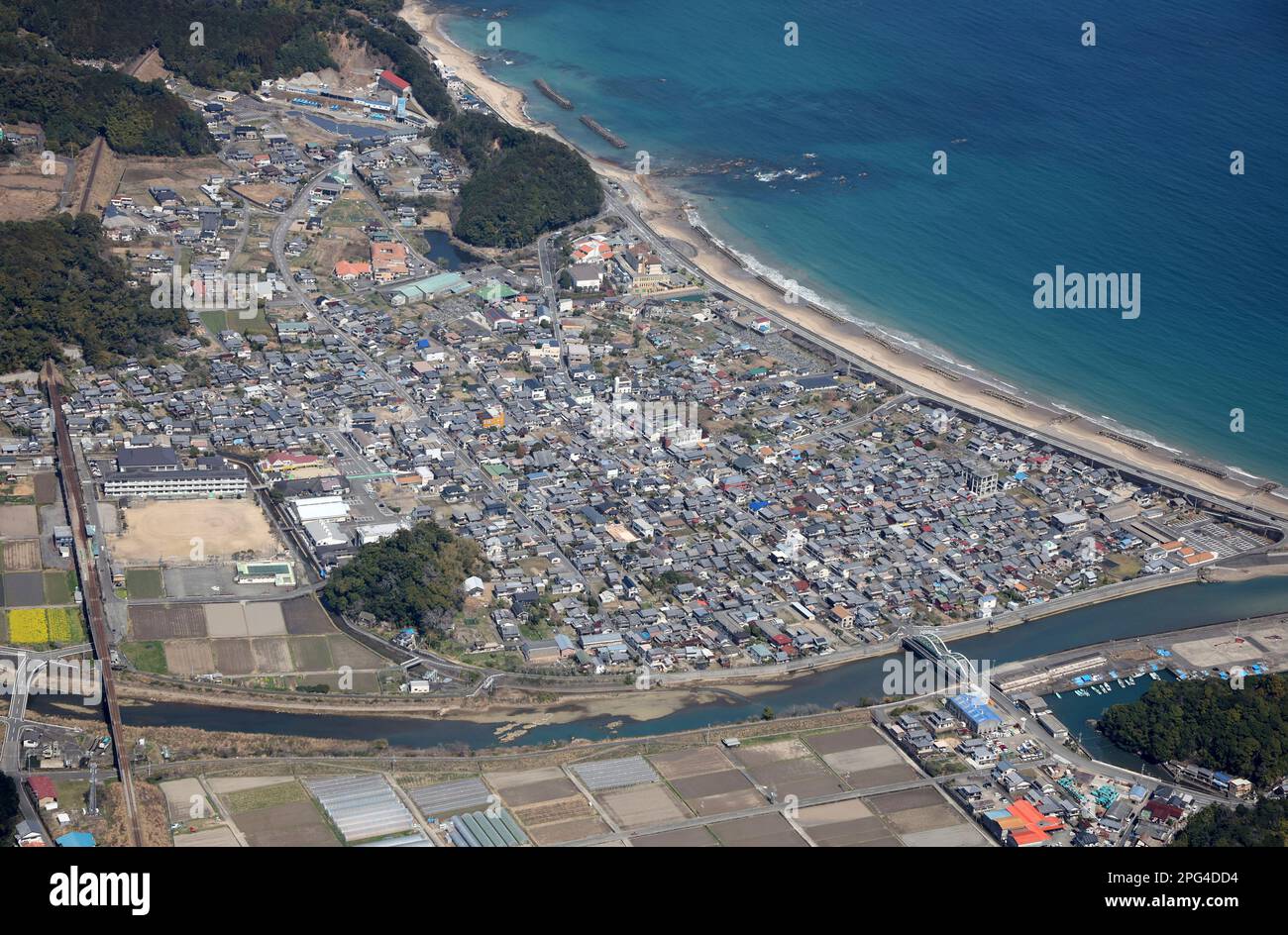 An aerial photo shows Kaiocho town in Tokushima Prefecture where it is ...