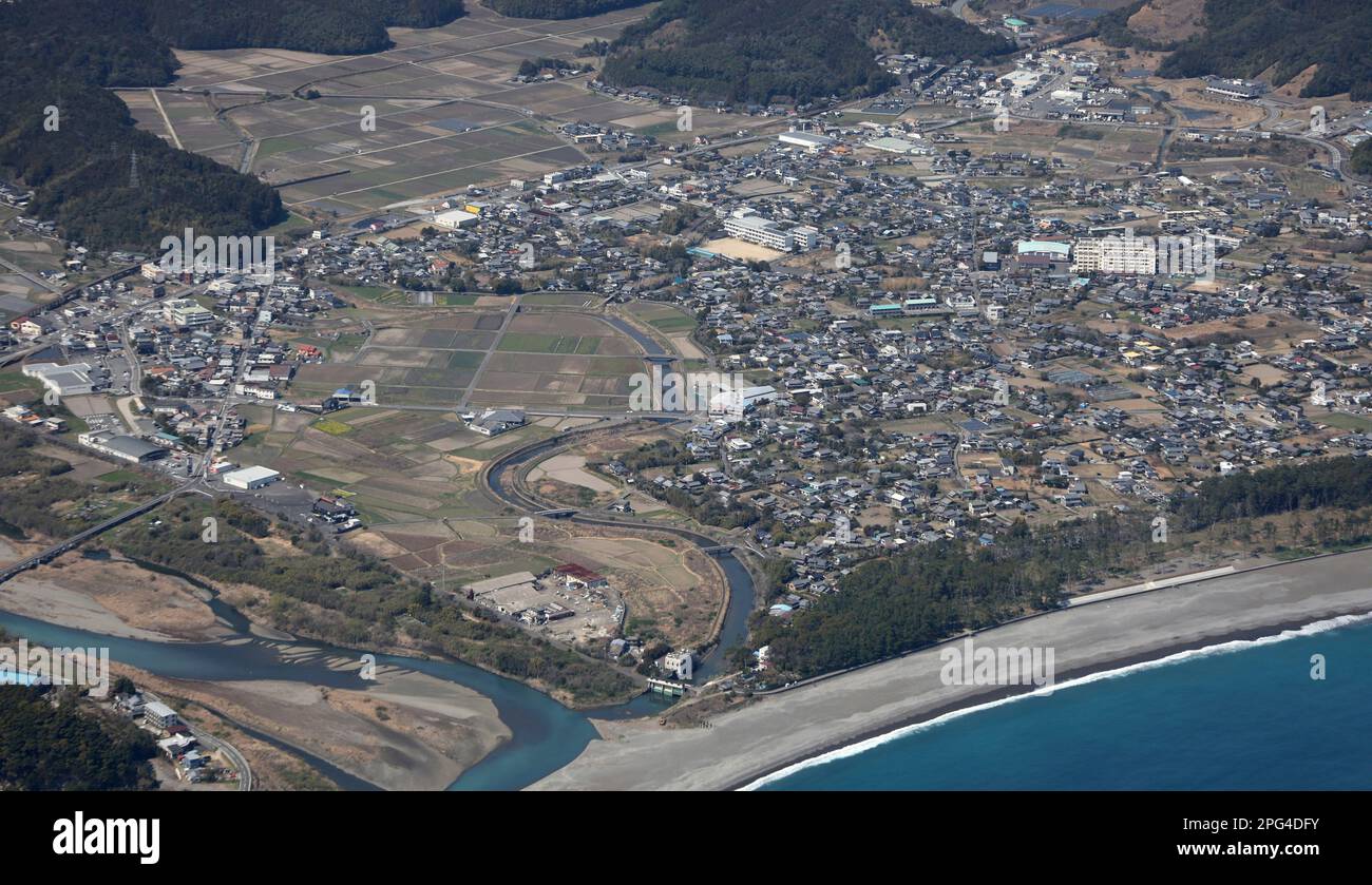 An aerial photo shows Kaiocho town in Tokushima Prefecture where it is ...