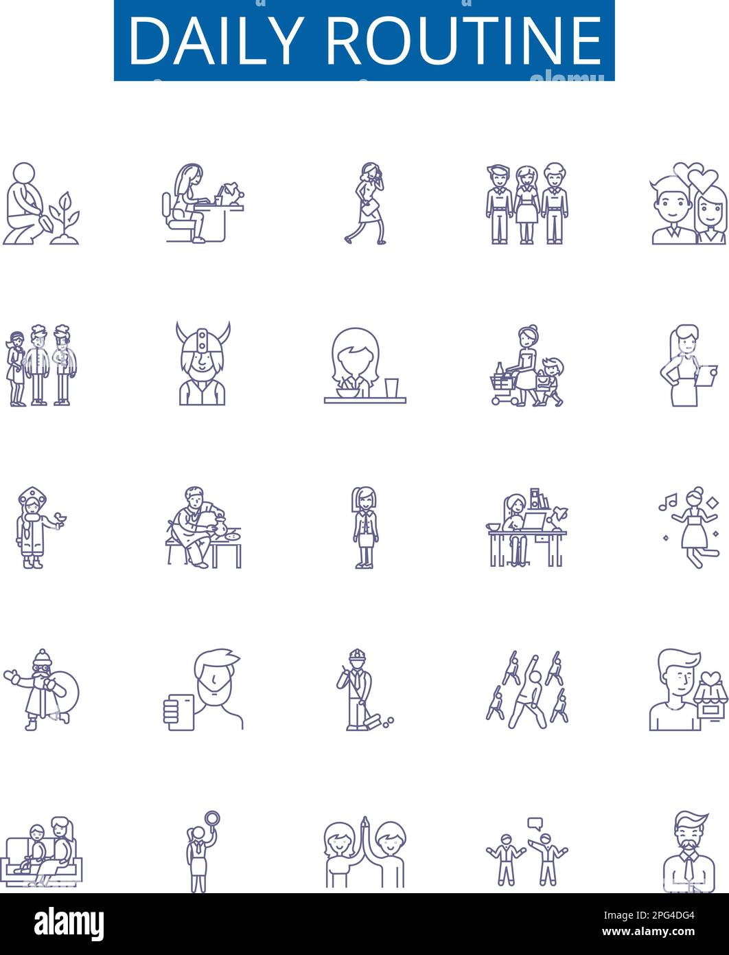 Daily routine line icons signs set. Design collection of Wake, Eat ... Daily routine line icons signs set. Design collection of Wake, Eat ...