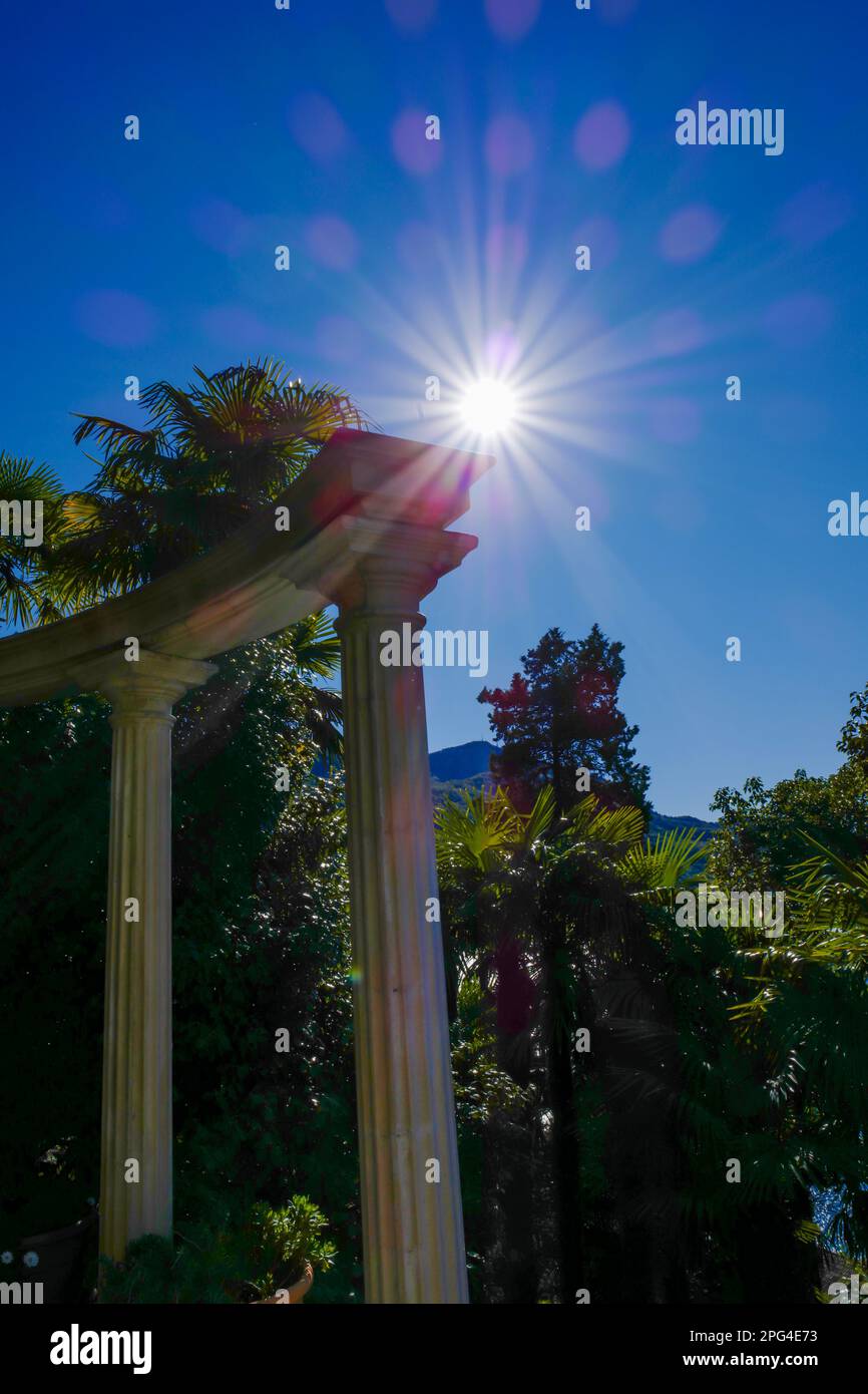 Patio with Column and Palm Tree and Sunbeam in Park Scherrer in Morcote ...