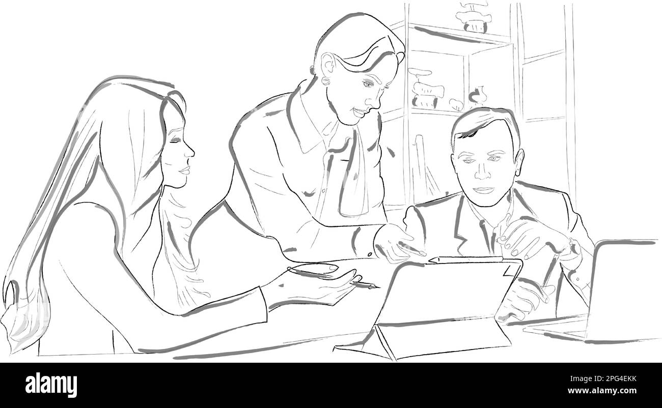 Woman boss working in the office with her team. Vector line art Stock ...