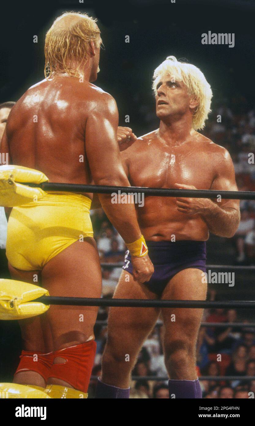 Hulk Hogan and Ric Flair at WCW Bash At The Beach at the Orlando Arena in Orlando, Florida on ...