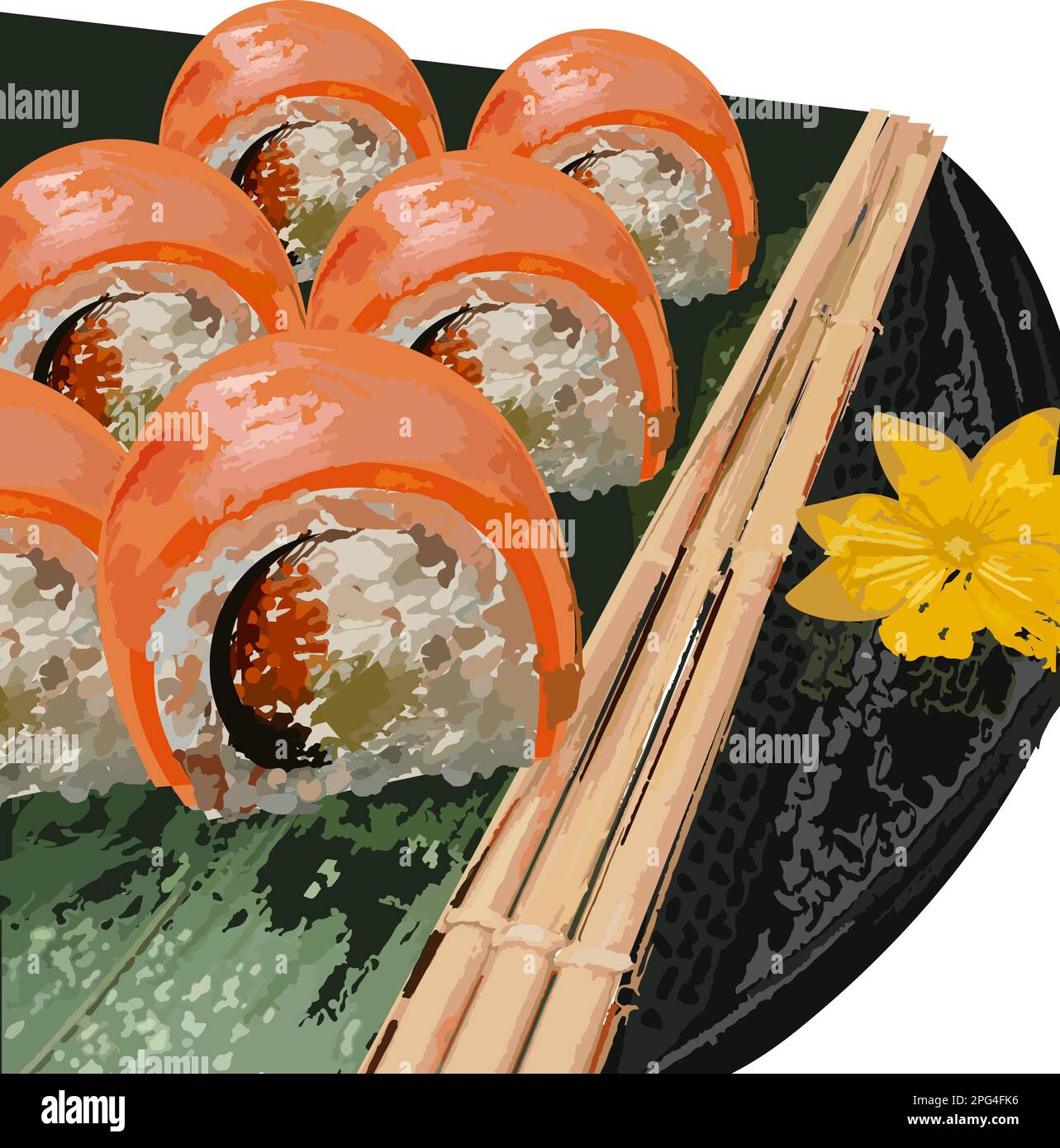 Sushi plate vector. Salmon rolls Seafood Japanese fresh cuisine Stock ...