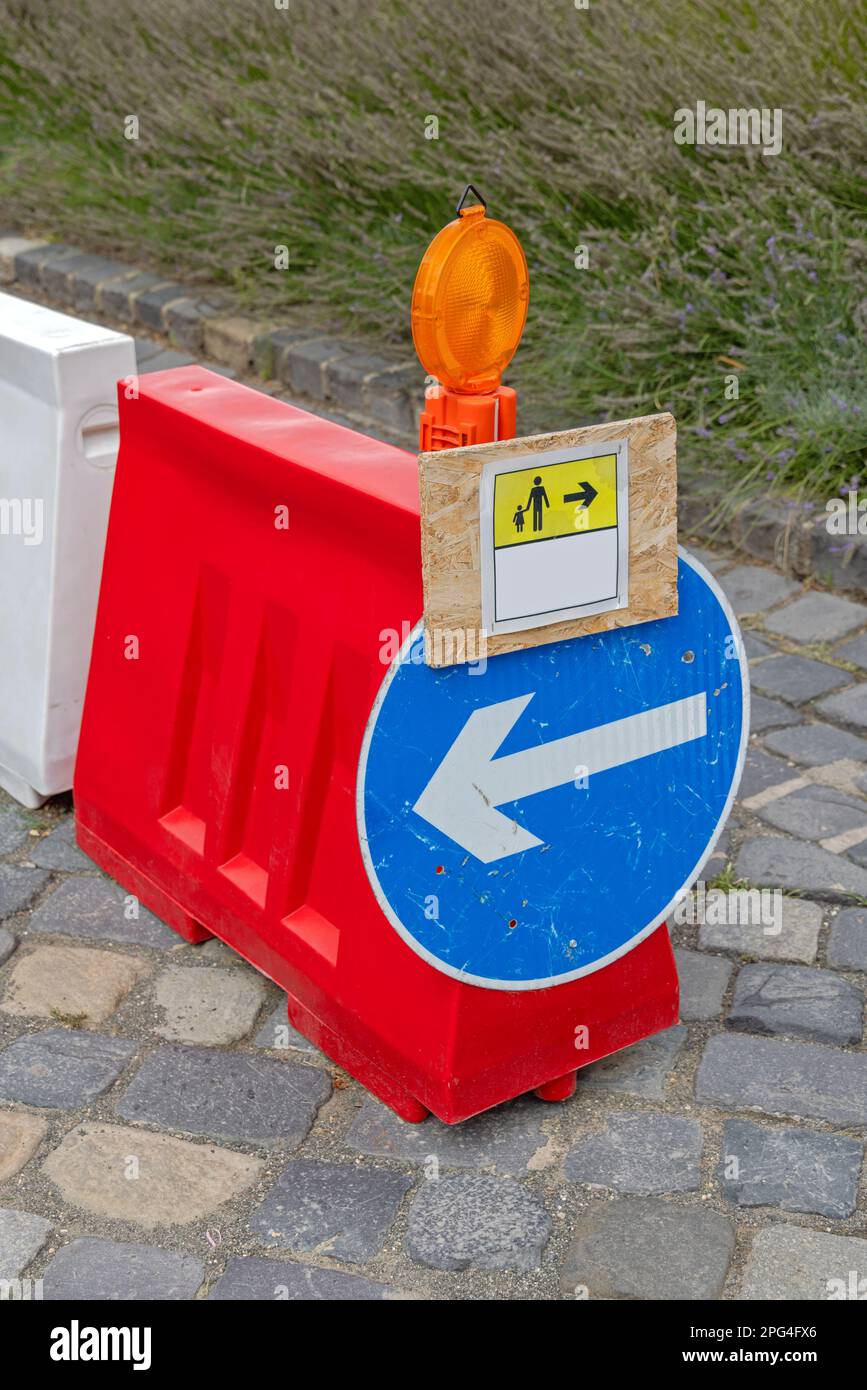 Pedestrian Way Arrow Sign Barrier With Amber Beacon Warning Light at ...