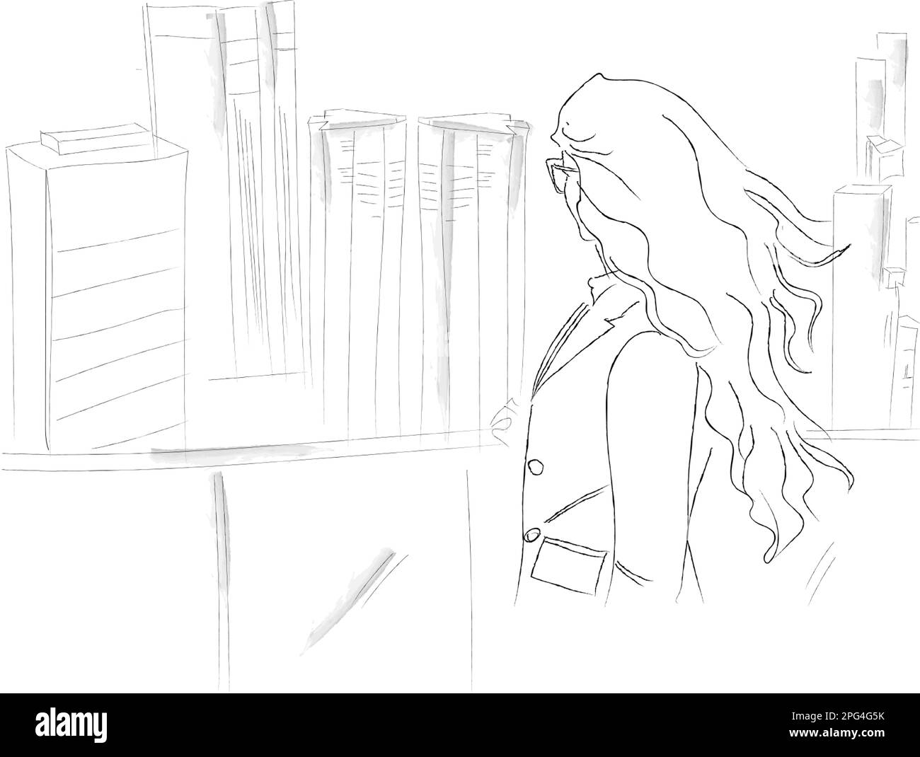 Woman looking at skyline in a big city vector line art. Storyboard ...