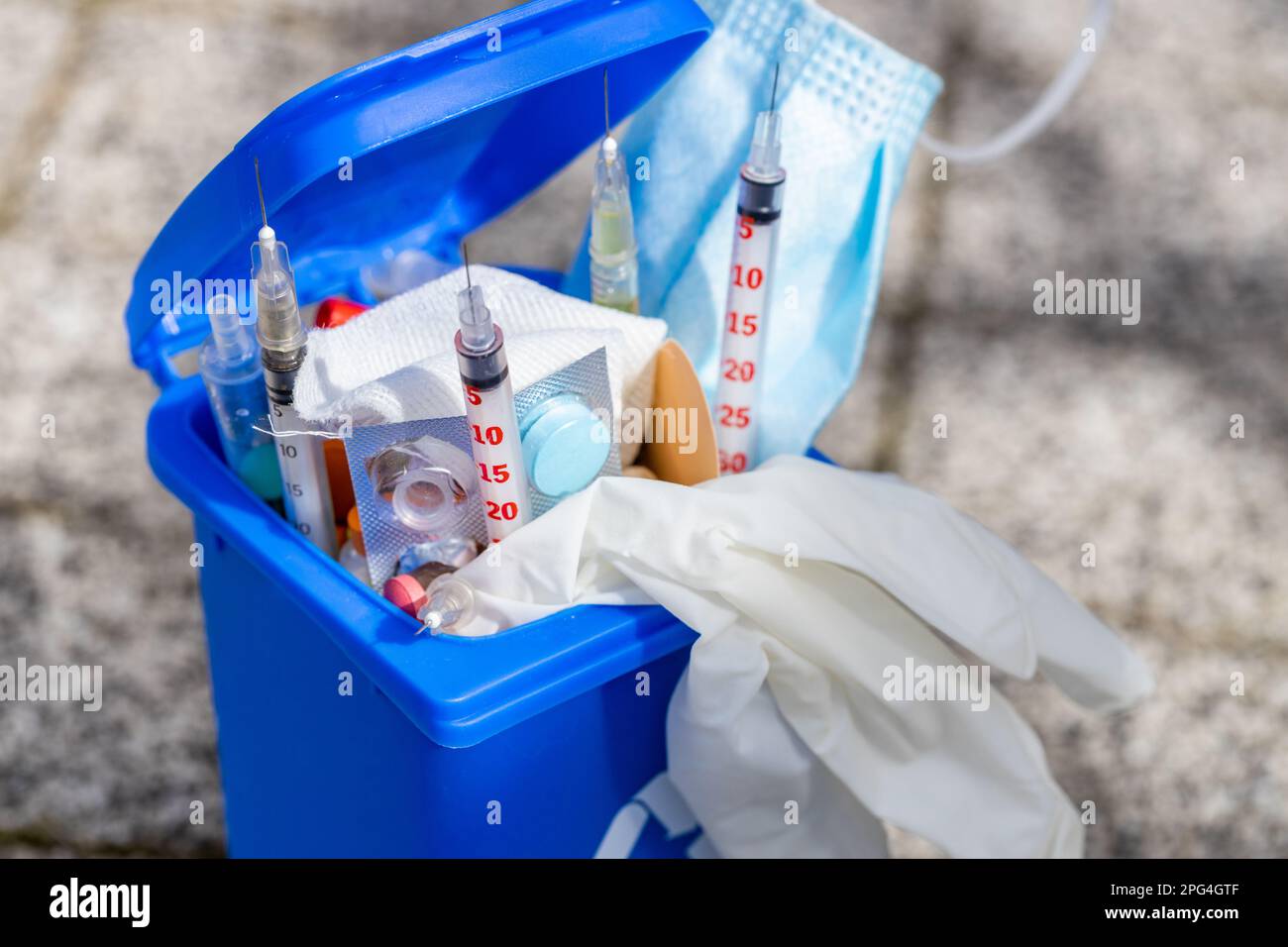Medical waste concept, Open garbage full of pills, syringes, bandages ...