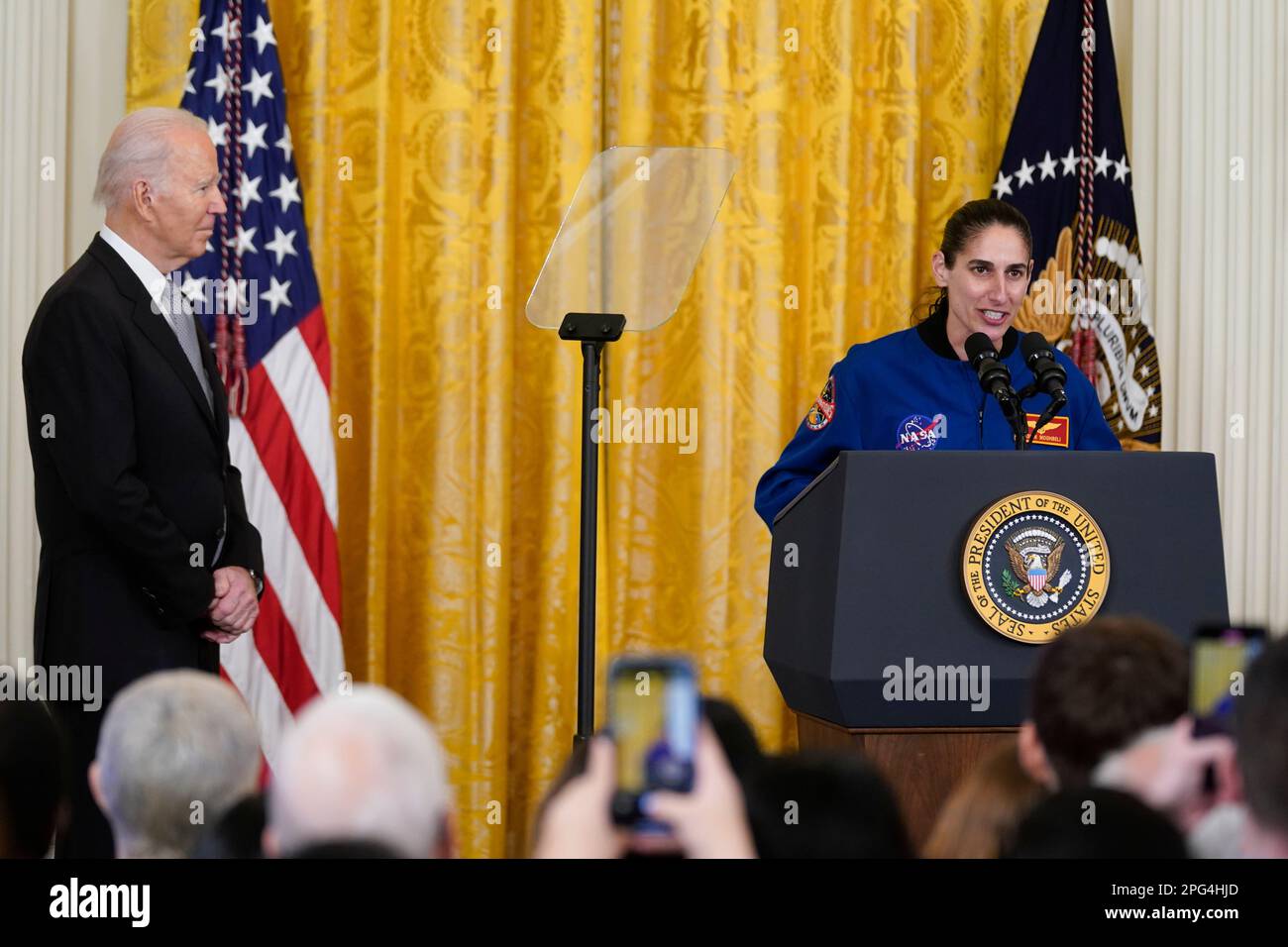 President Joe Biden listens as NASA astronaut Lt. Col. Jasmin Moghbeli ...