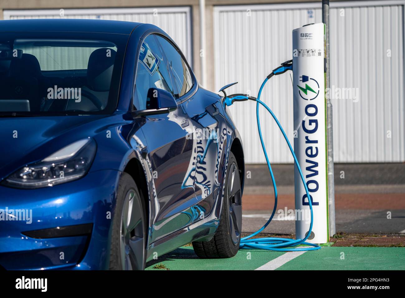 Electric car fast charging station, of the Dutch provider PowerGo, in the ferry port of ...