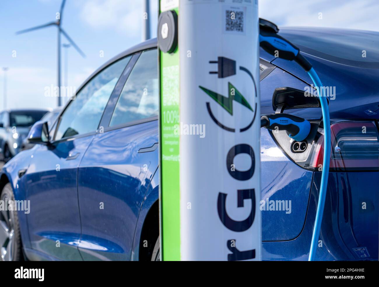 Electric car fast charging station, of the Dutch provider PowerGo, in the ferry port of ...