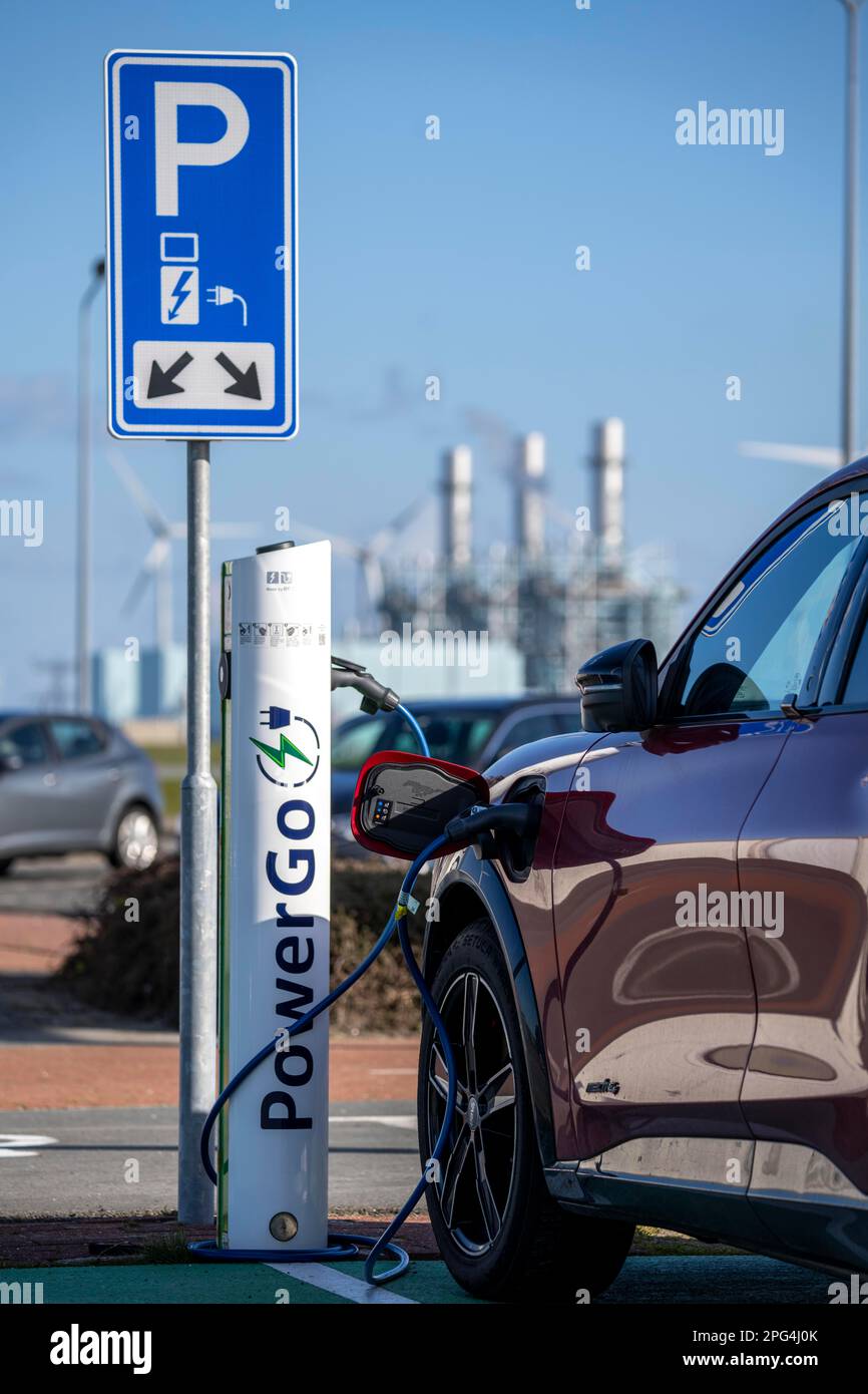 Electric car fast charging station, of the Dutch provider PowerGo, in the ferry port of ...