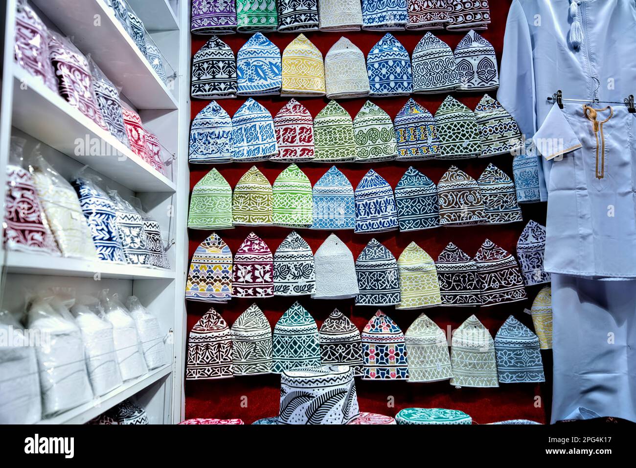 Traditional kuma caps for sale in the Mutrah Souq, Muscat, Oman Stock ...