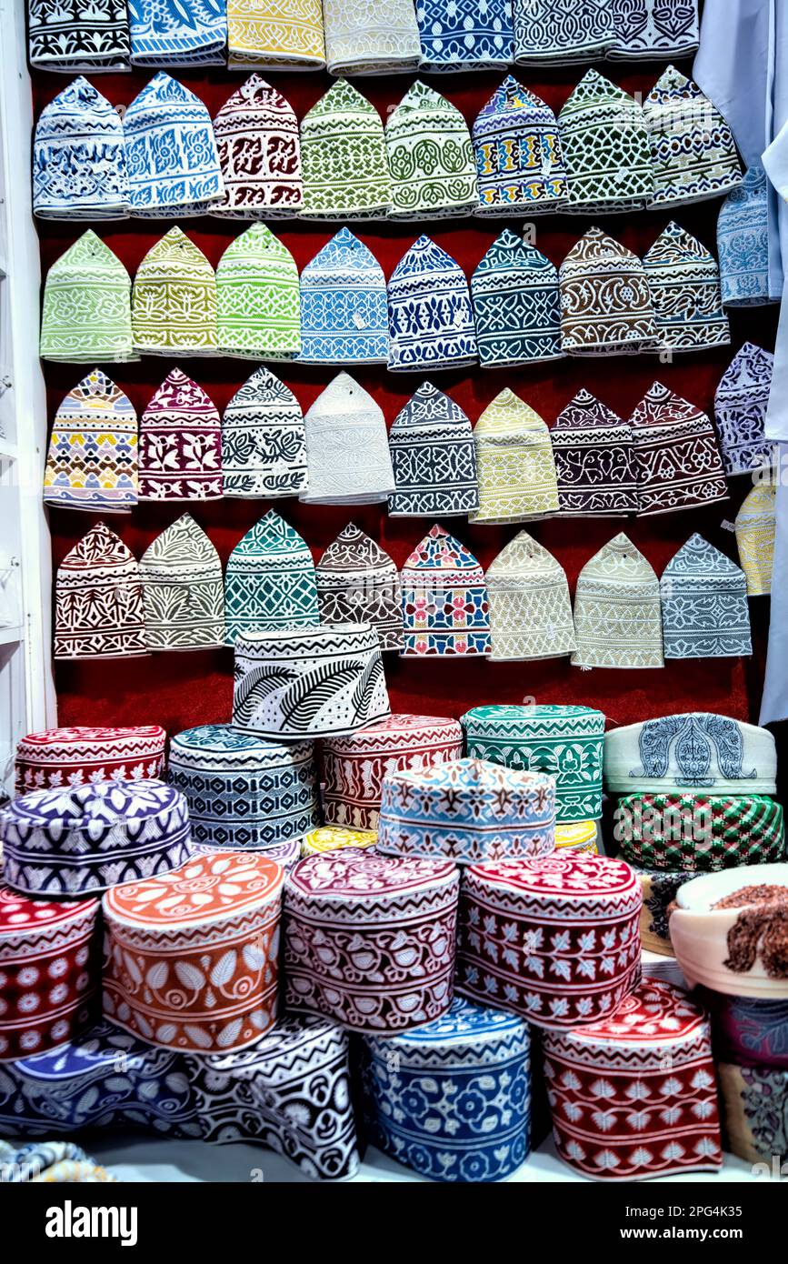 Traditional kuma caps for sale in the Mutrah Souq, Muscat, Oman Stock ...