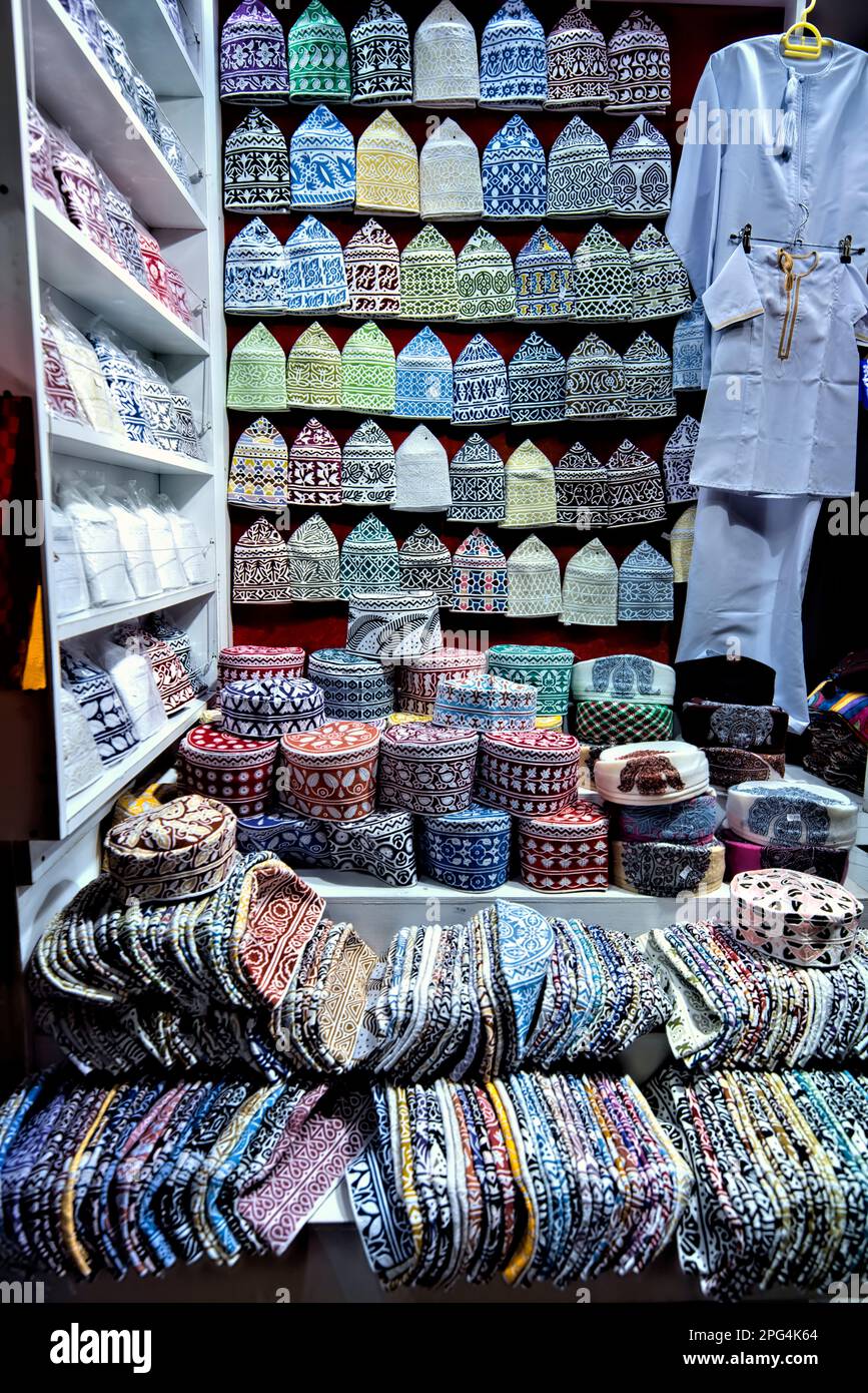 Traditional kuma caps for sale in the Mutrah Souq, Muscat, Oman Stock ...