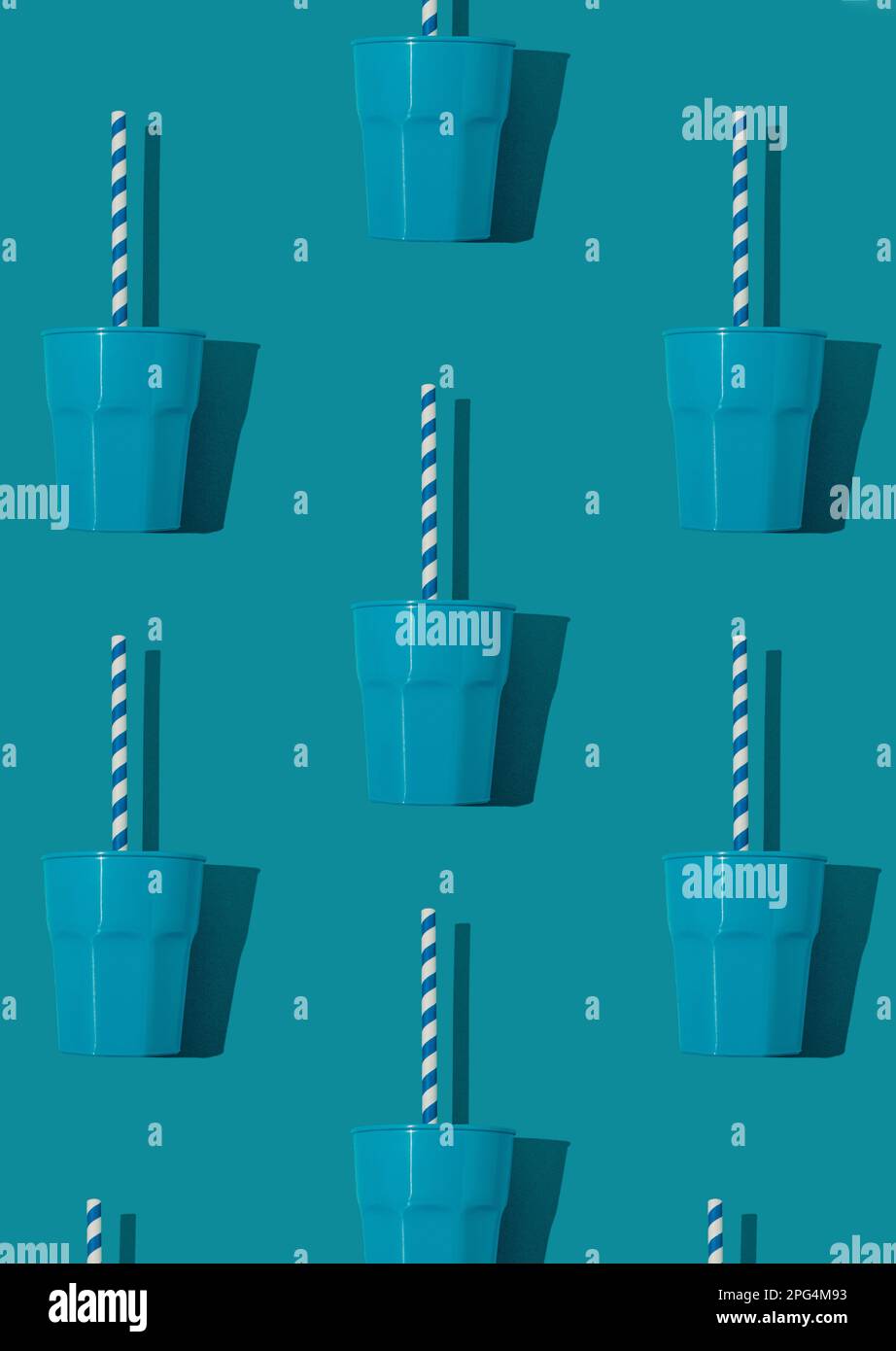 Pattern with blue drink cups and stripped straws on blue background ...