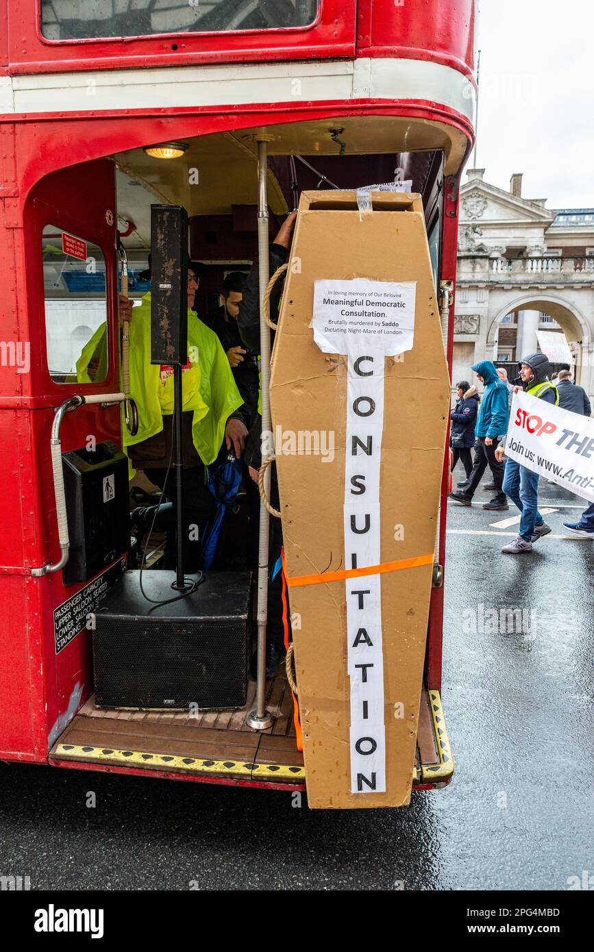 Protest against ULEZ zone expansion in London, UK. Coffin prop on ...