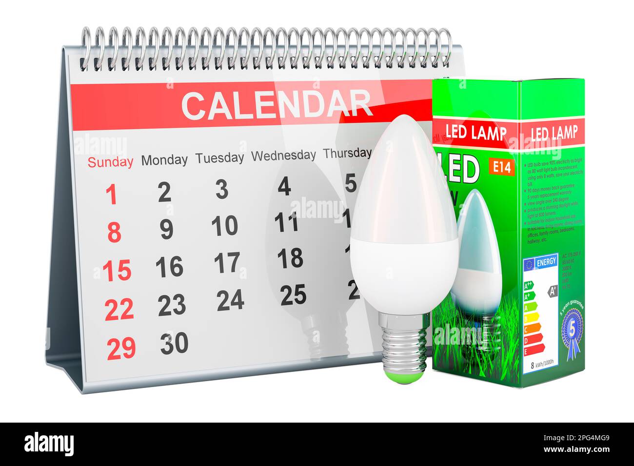 Energy savings LED lamp with desk calendar. 3D rendering isolated on ...