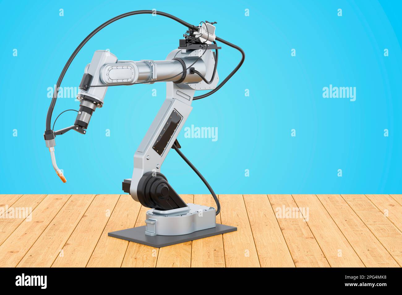 Robot welding on the wooden table, 3D rendering Stock Photo - Alamy