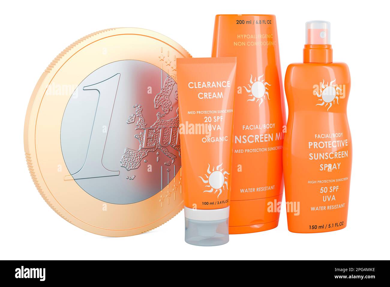 Sunscreen products with euro coin, 3D rendering isolated on white ...
