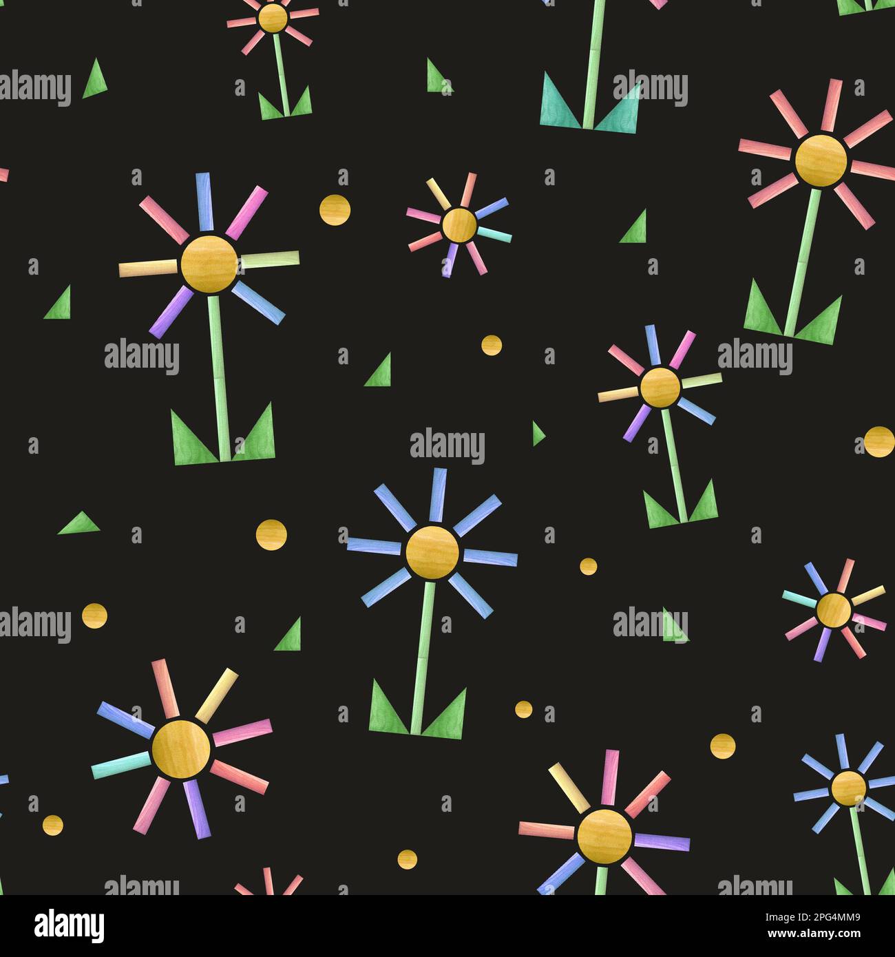 Watercolor seamless pattern of flowers built from wooden bricks. Hand ...