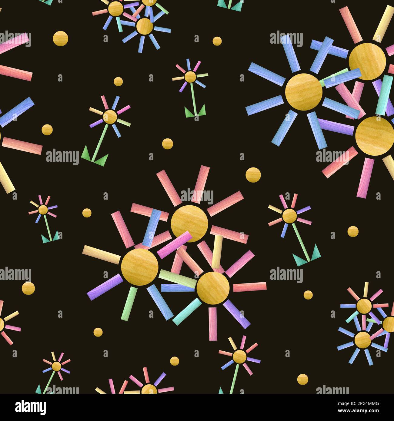 Watercolor seamless pattern of flowers built from wooden bricks. Hand ...