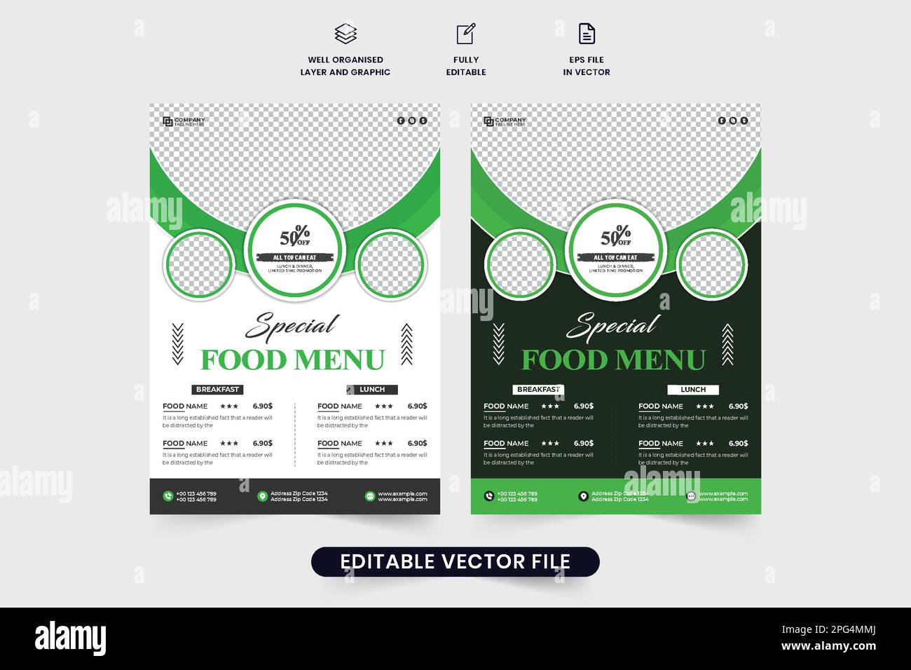 Organic food menu and restaurant flyer design with green and dark ...