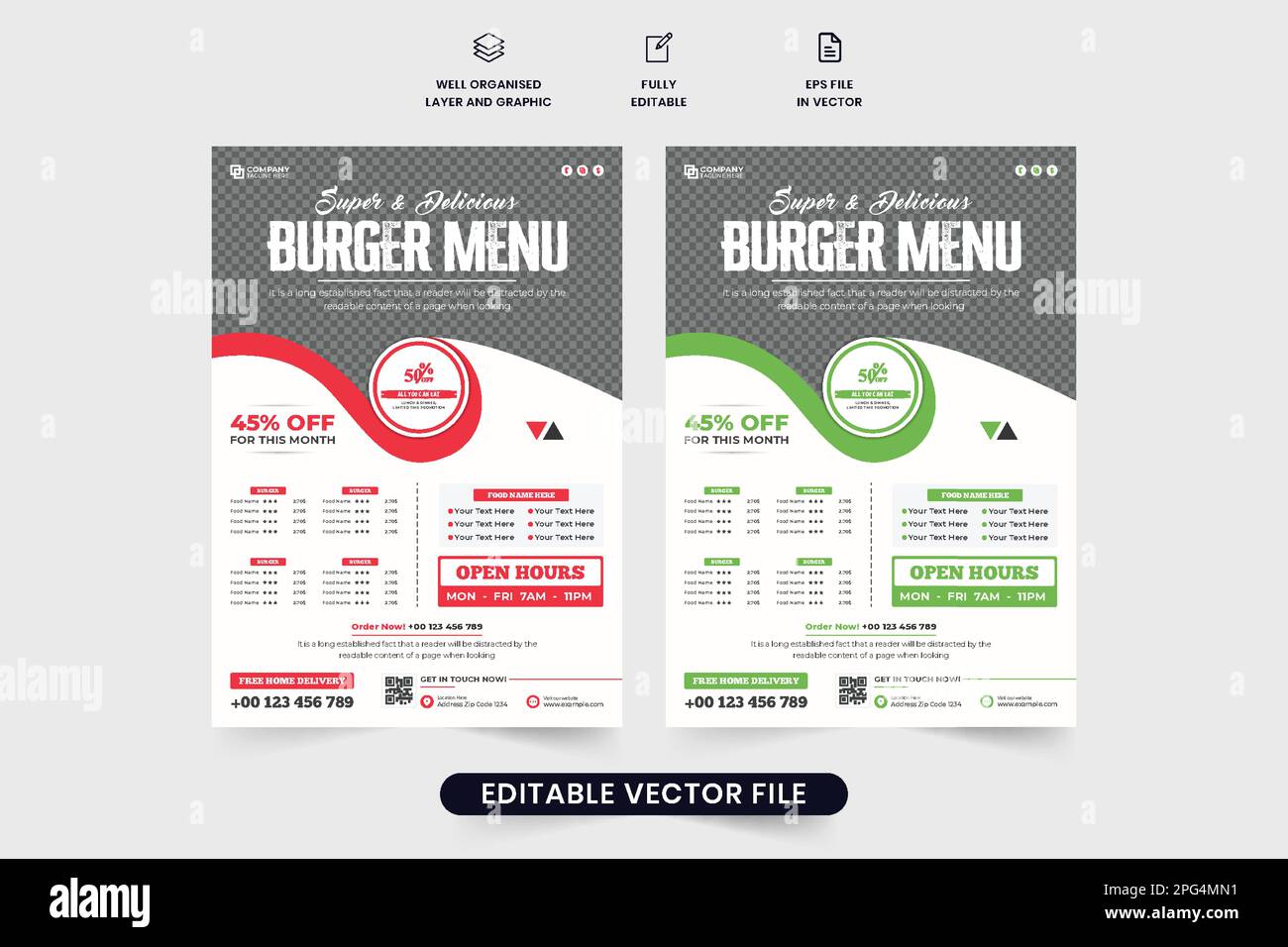 Culinary food menu promotional flyer template with red and green colors ...